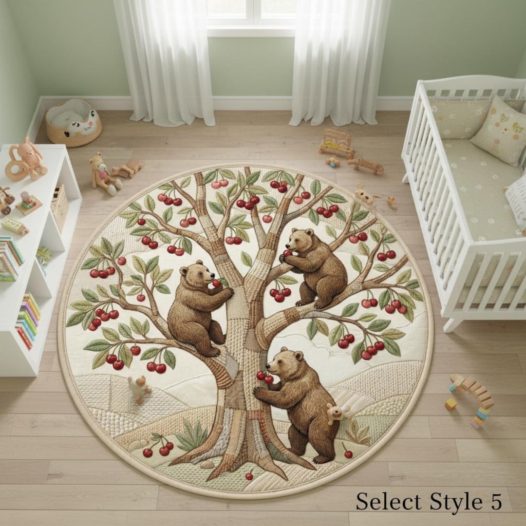 Storybook Bear Family & Seasonal Round Rug, Faux Knit / Patchwork Print ...
