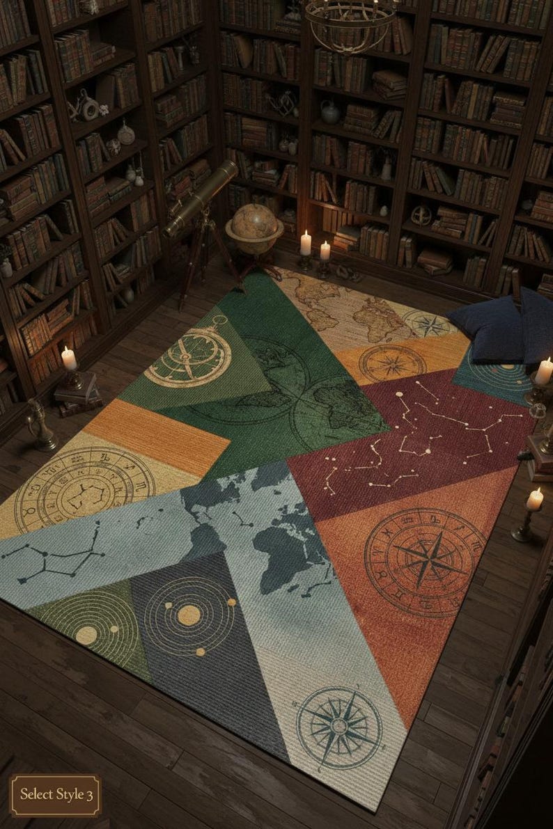 Bookish World Map Rug, Knitted Style Print, Vintage Library Mat, Dark ...