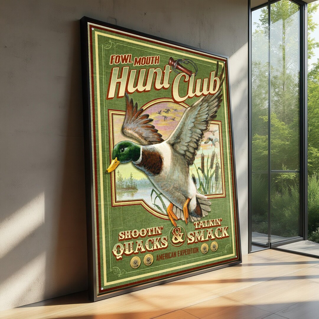 Vintage Duck Hunting Canvas, Fowl Mouth Hunt Club Wall Art, Rustic ...