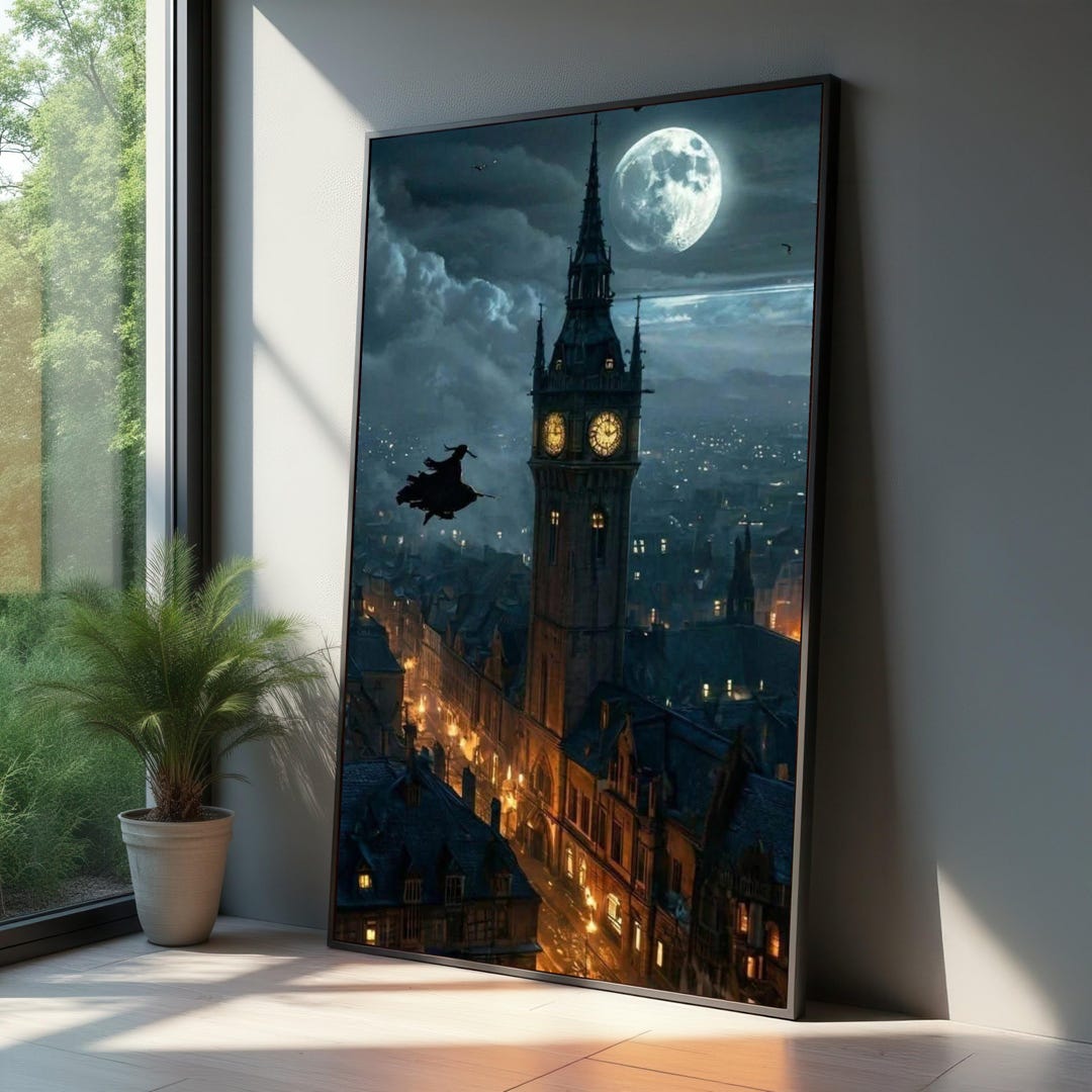 Enchanted Witch Flying Over Gothic Clock Tower Canvas, Moonlit Night ...
