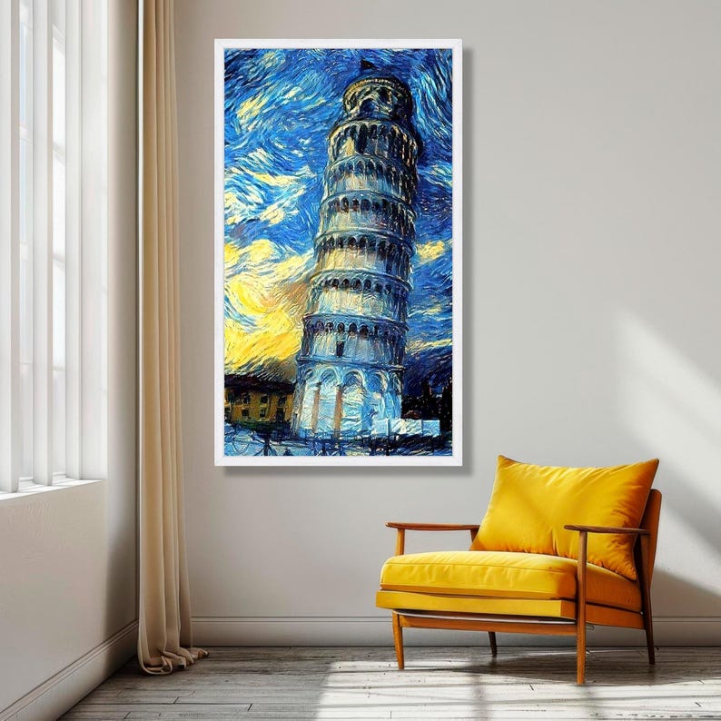 Starry Night Inspired Leaning Tower of Pisa Canvas, Famous Landmark ...