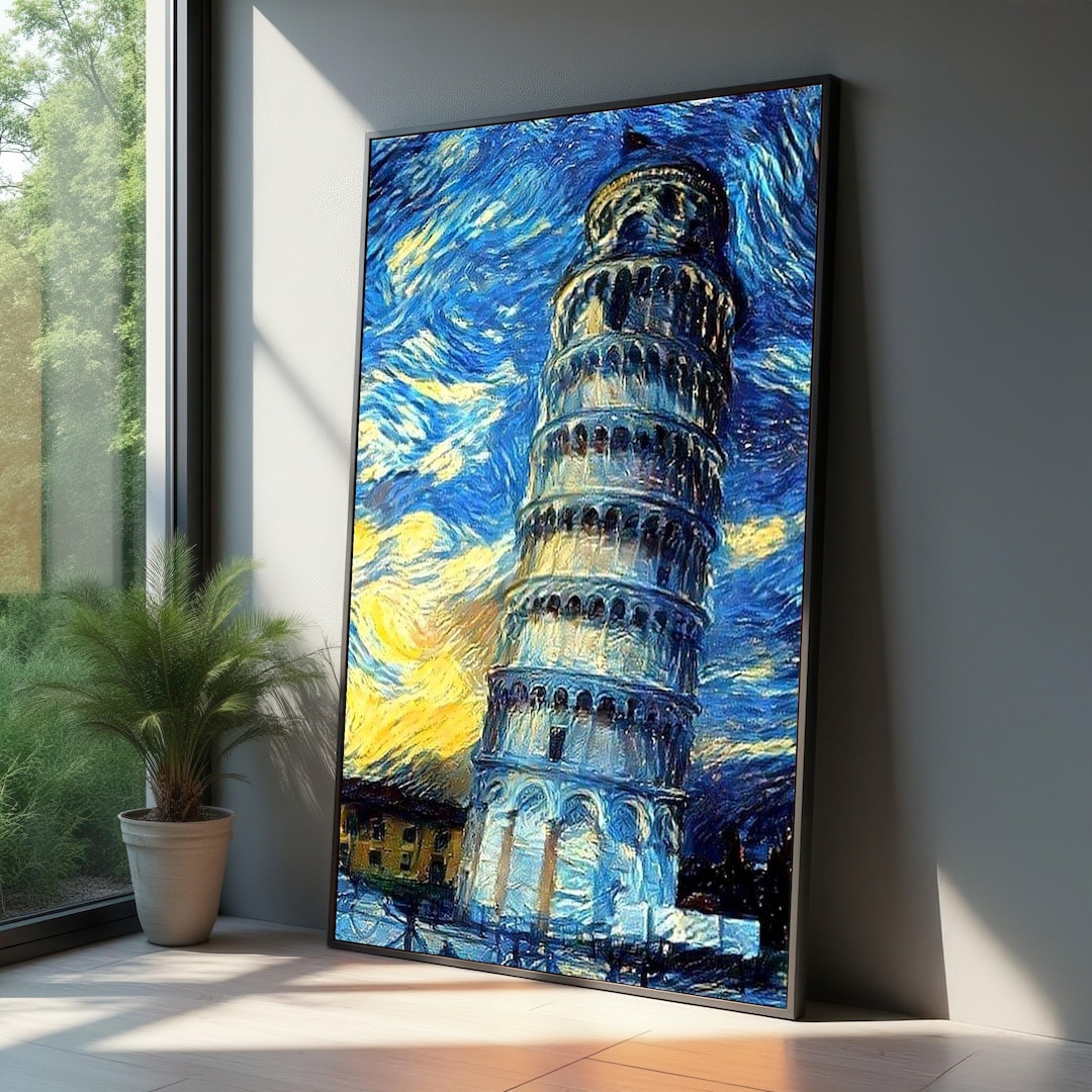 Starry Night Inspired Leaning Tower of Pisa Canvas, Famous Landmark ...