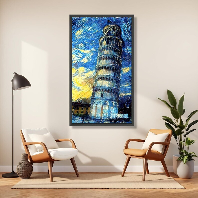 Starry Night Inspired Leaning Tower of Pisa Canvas, Famous Landmark ...