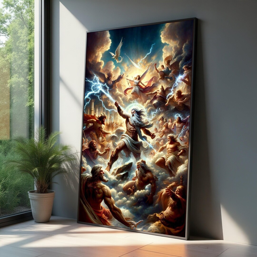 Mythical Greek Gods Battle Scene Canvas, Zeus and Olympian Deities Wall ...