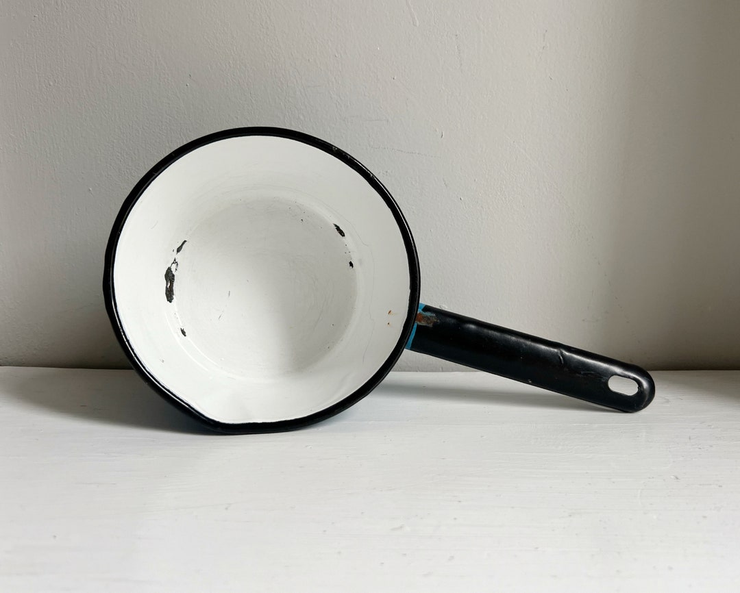 Vintage Enameled Small "chippy" Blue, Black and White Metal Sauce Pan ...