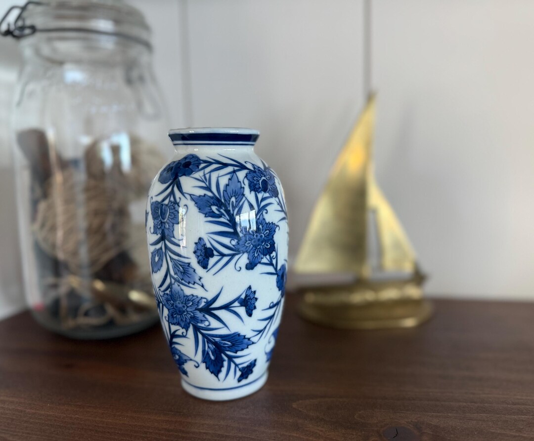 Blue and White Floral Porcelain Vase – 6” Bombay Company Vase, Made in ...