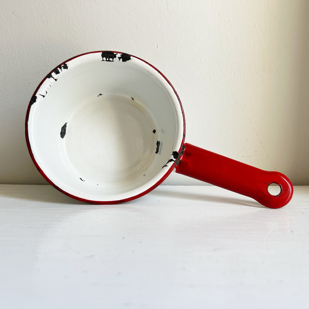 Vintage Enameled Small "chippy" Red and White Metal Sauce Pan - Etsy