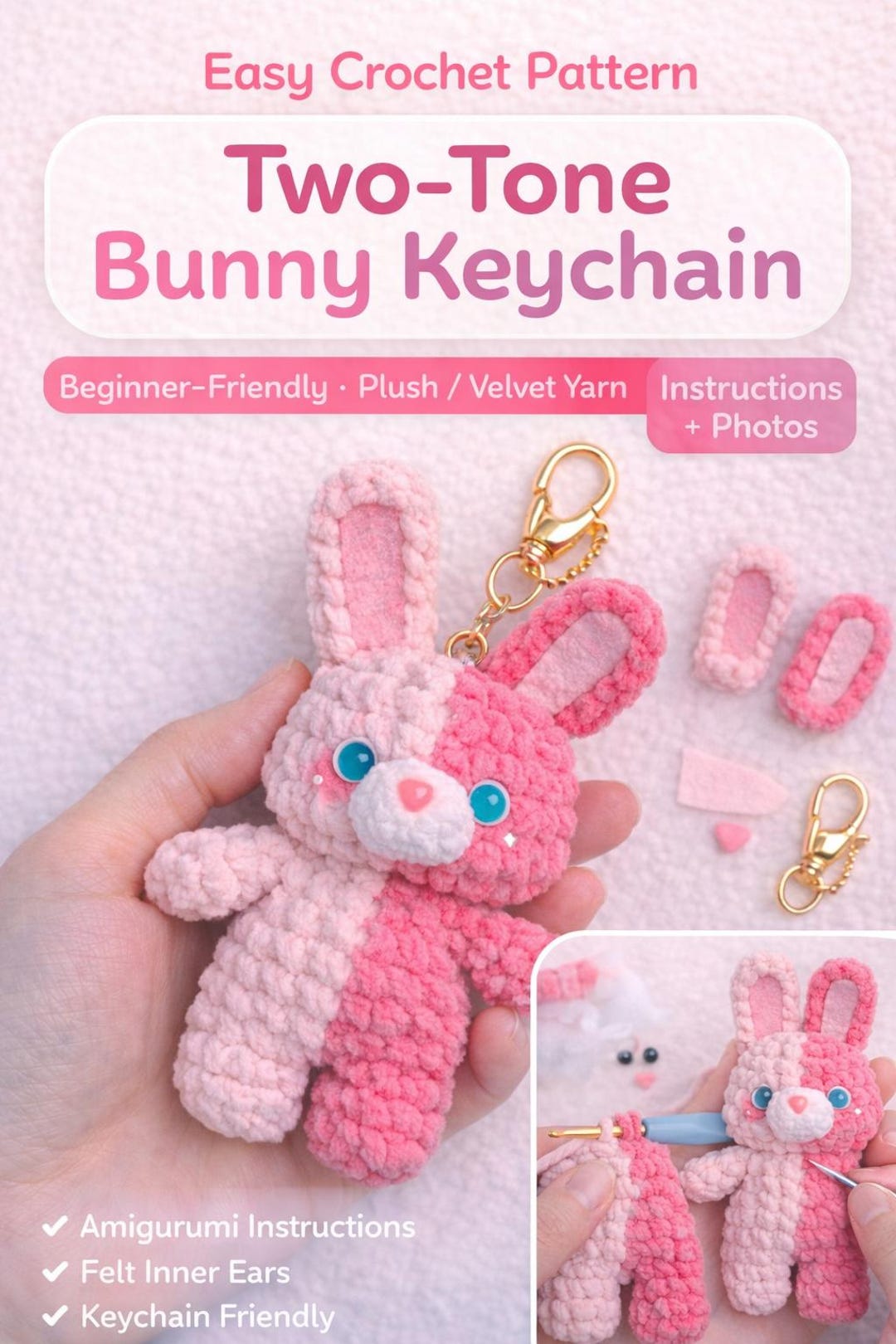 Two-tone Bunny Keychain Crochet Pattern, Plush Amigurumi Bunny PDF ...