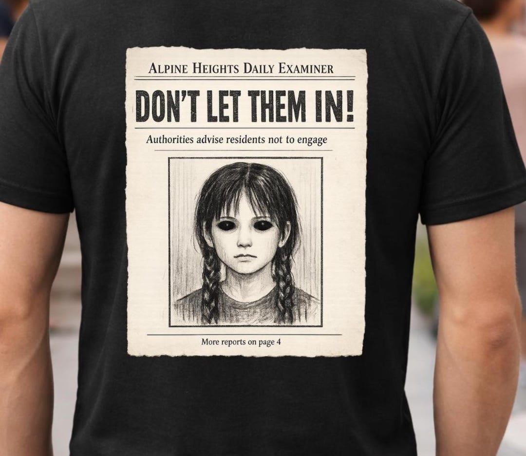 Black Eyed Children Tabloid Tee – Creepy Urban Legend Shirt, Horror ...