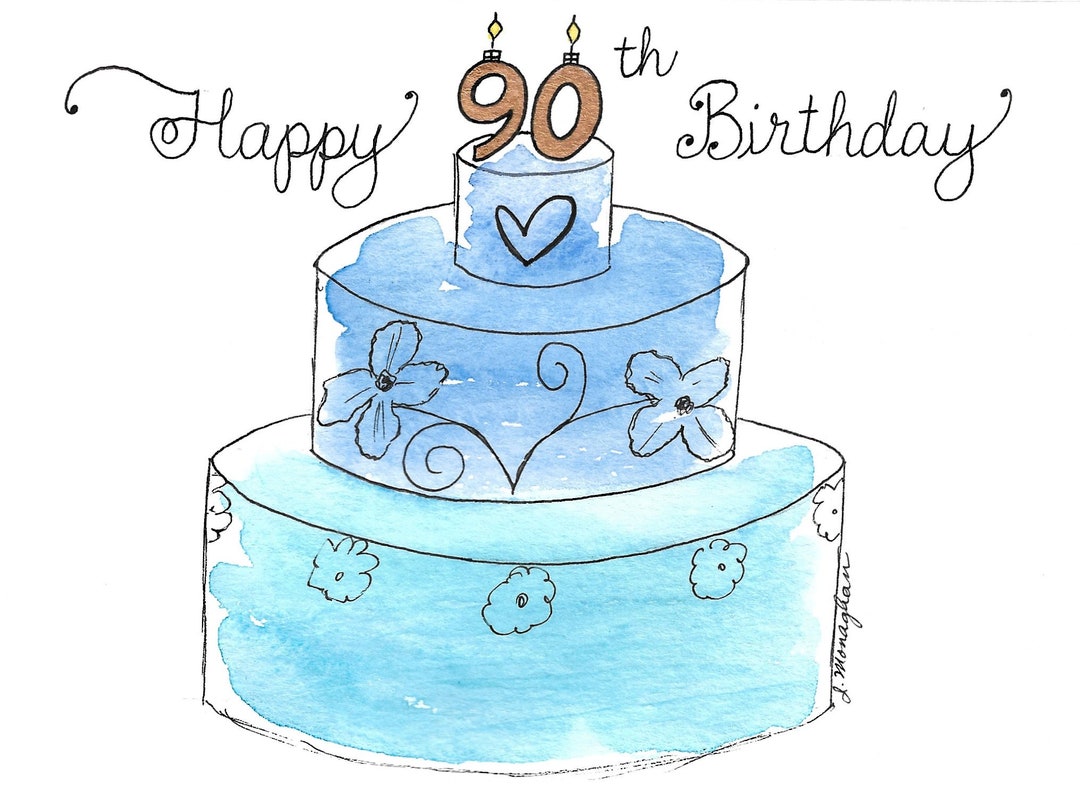 Watercolor 90th... Birthday Cake Card PERSONALIZED for FREE With ANY ...