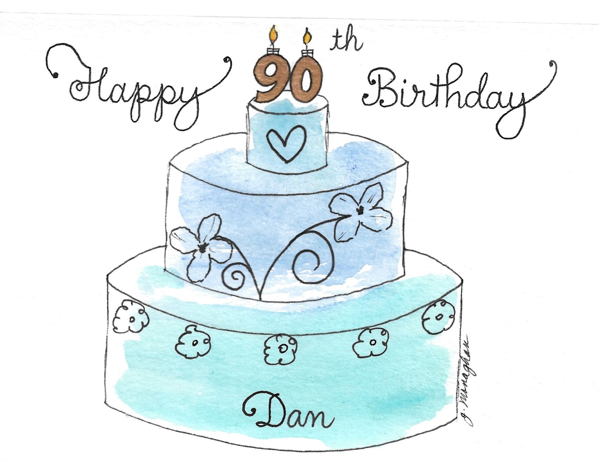 Watercolor 90th... Birthday Cake Card PERSONALIZED for FREE With ANY ...