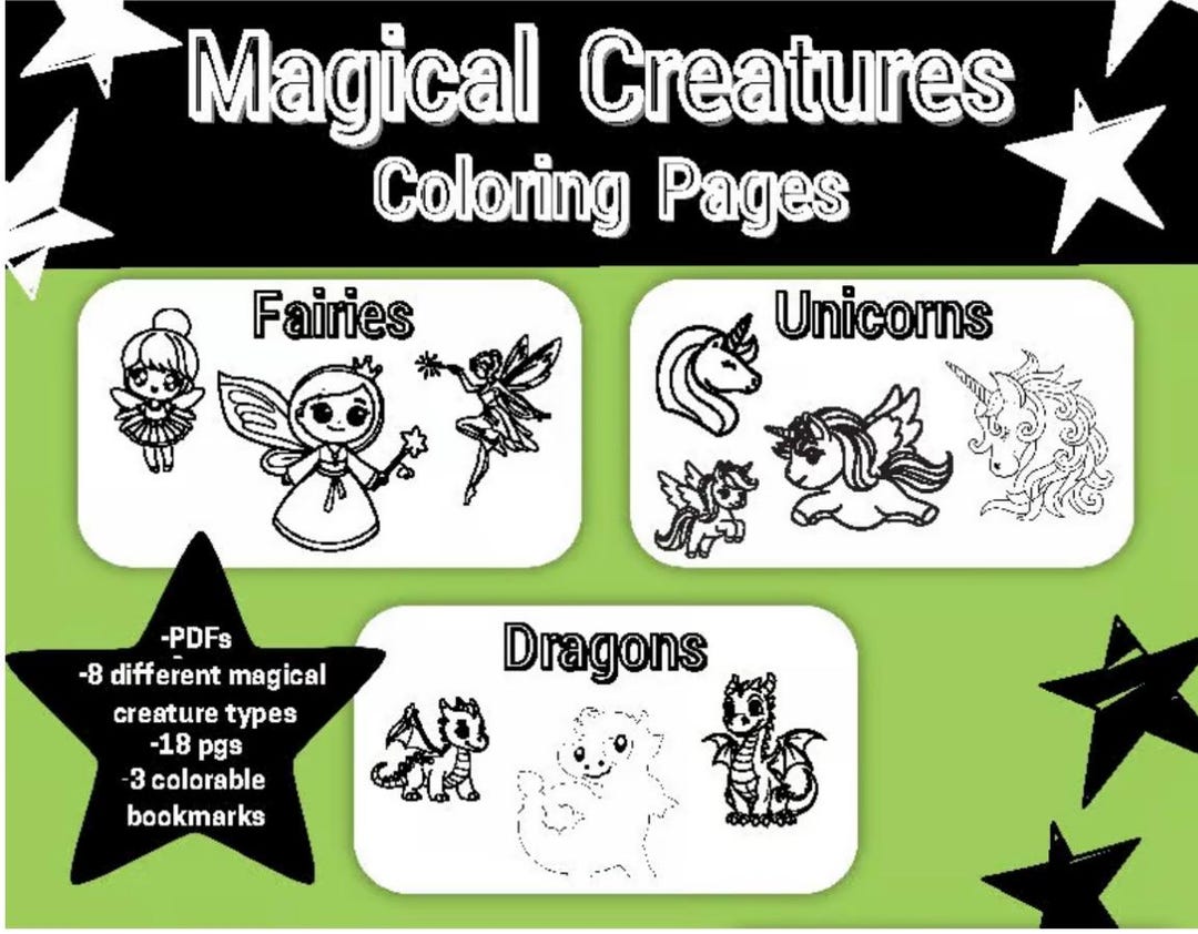 Magical Creatures Coloring Pages & Bookmarks - Etsy