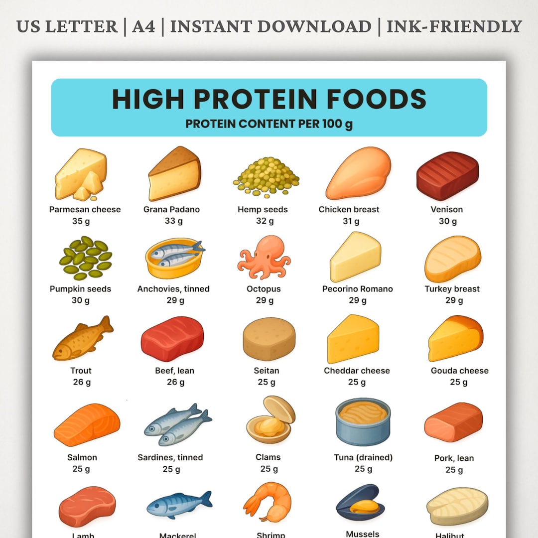 High Protein Foods List Printable, Protein per 100 G, Protein per ...