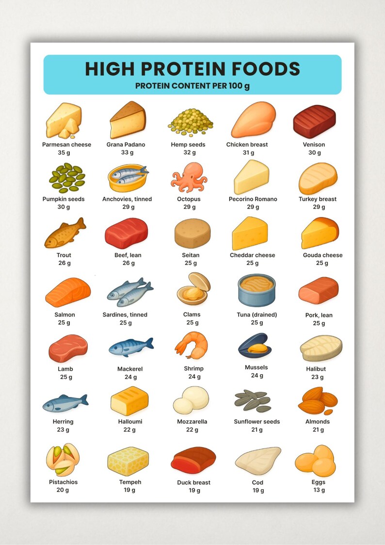 High Protein Foods List Printable, Protein per 100 G, Protein per ...