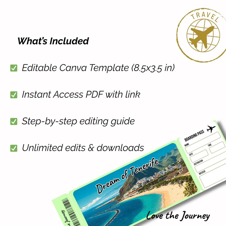 Tenerife Boarding Pass Template: Spain Surprise Travel Gift Trip ...