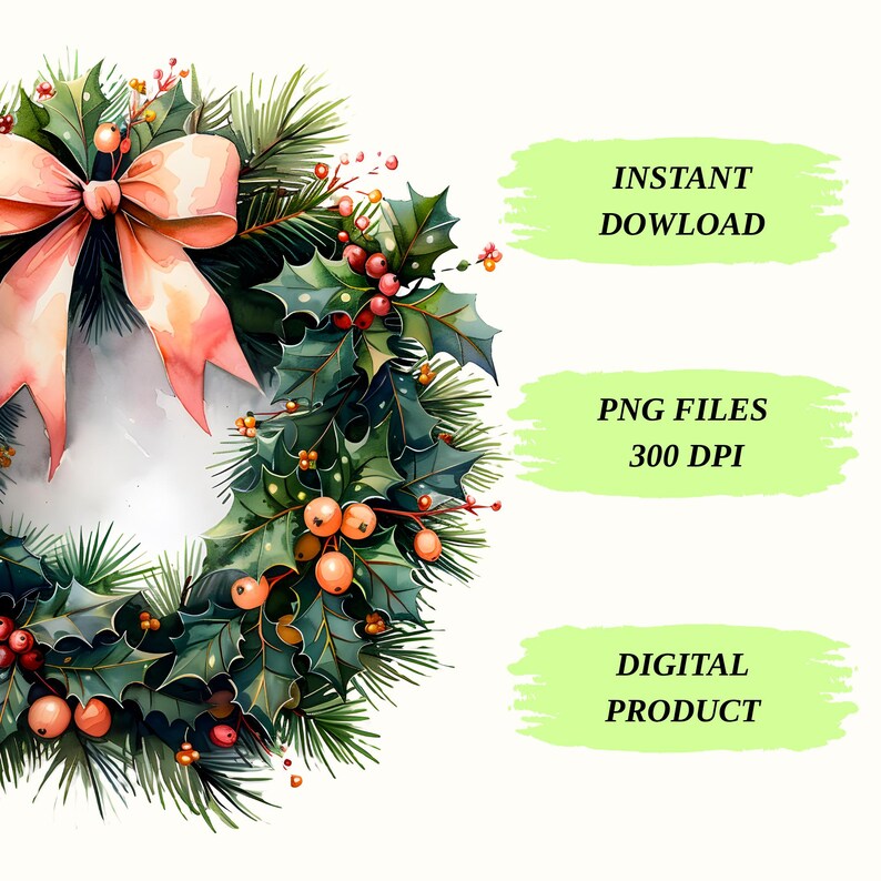 Watercolor Christmas Wreaths Clipart: Festive Floral PNG Set (digital ...