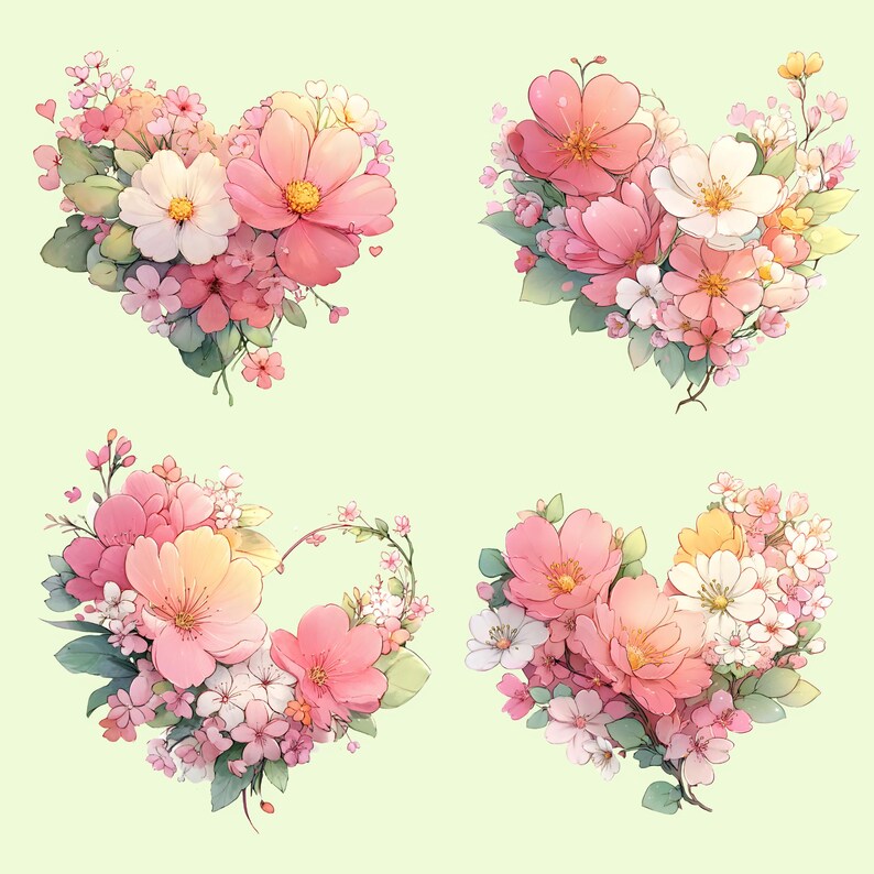 Heart & Flower Clipart – Romantic PNG Illustrations for Birthday and ...