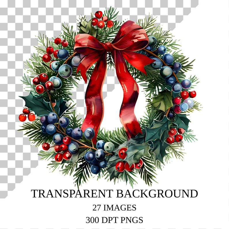 Watercolor Christmas Wreaths Clipart: Festive Floral PNG Set (digital ...