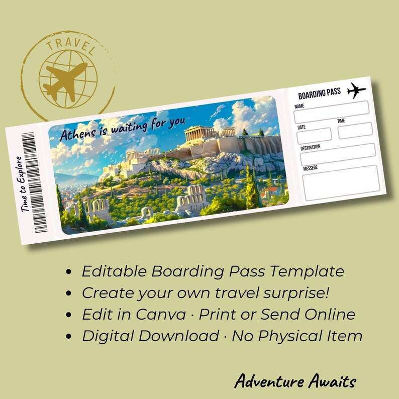 Athens Boarding Pass Template: Surprise Travel Gift (digital Download ...