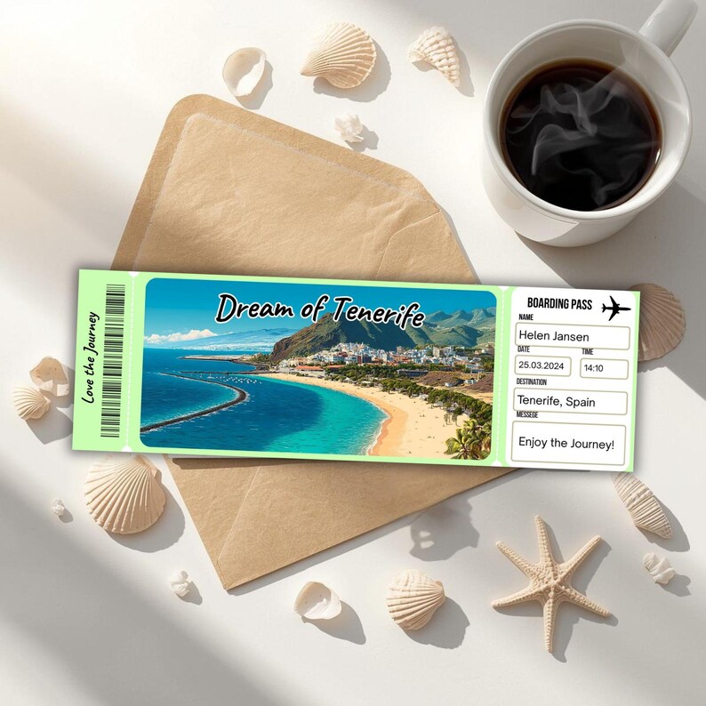 Tenerife Boarding Pass Template | Spain Surprise Travel Gift Editable ...