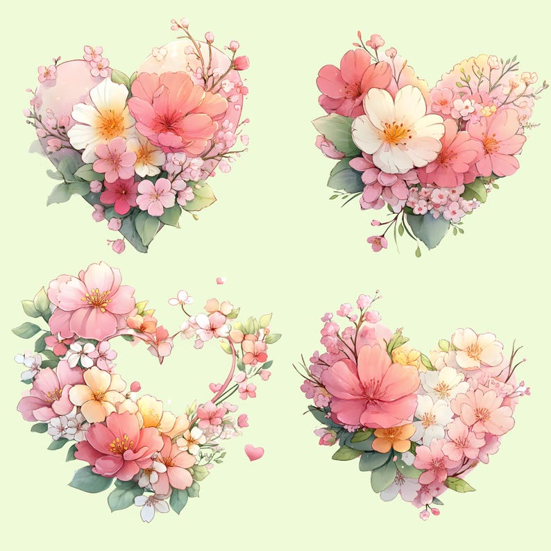 Heart & Flower Clipart – Romantic PNG Illustrations for Birthday and ...