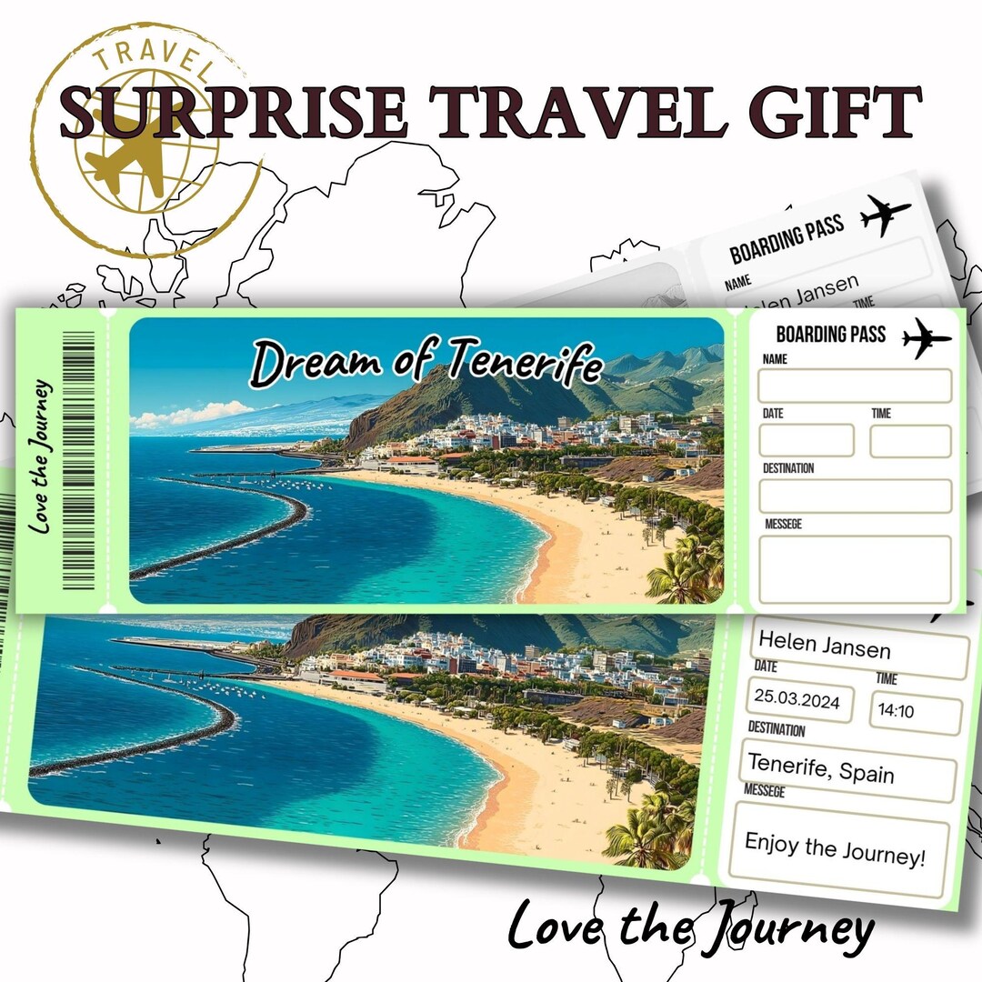 Tenerife Boarding Pass Template: Spain Surprise Travel Gift Trip ...