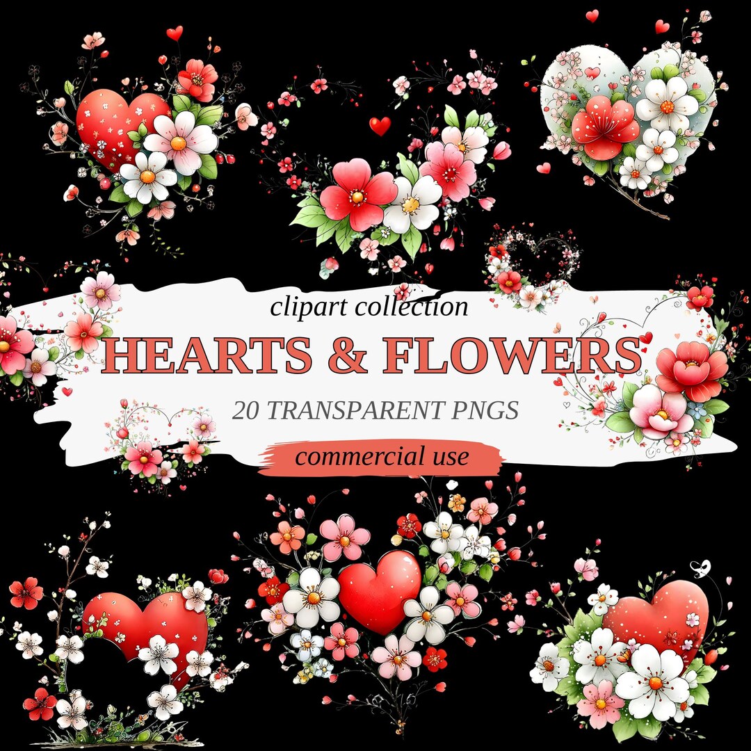 Heart & Flower Clipart – Romantic PNG Illustrations for Birthday and ...