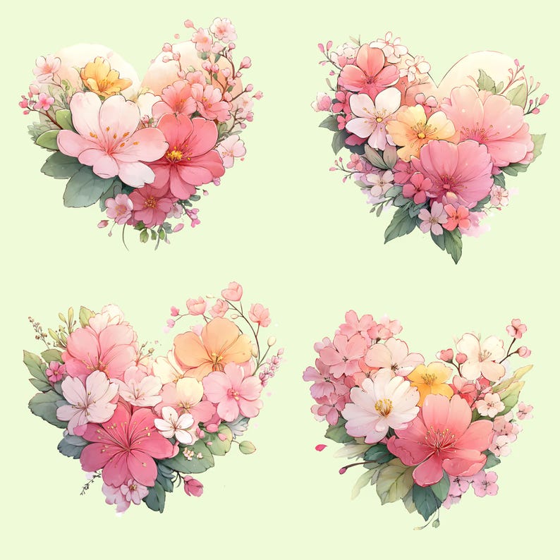 Heart & Flower Clipart – Romantic PNG Illustrations for Birthday and ...