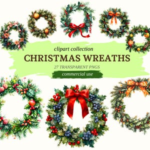 Watercolor Christmas Wreaths Clipart: Festive Floral PNG Set (digital ...