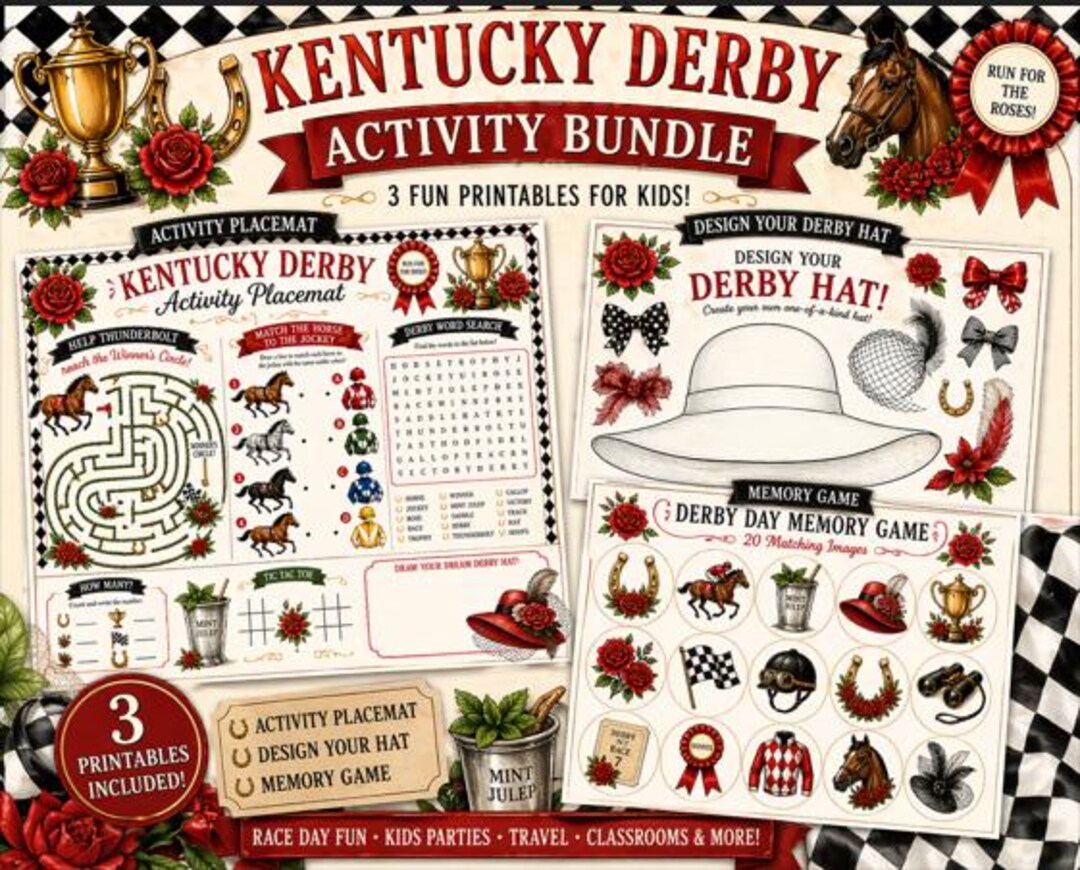 Kentucky Derby Kids Activity Bundle | Derby Hat Craft, Placemat, Memory ...
