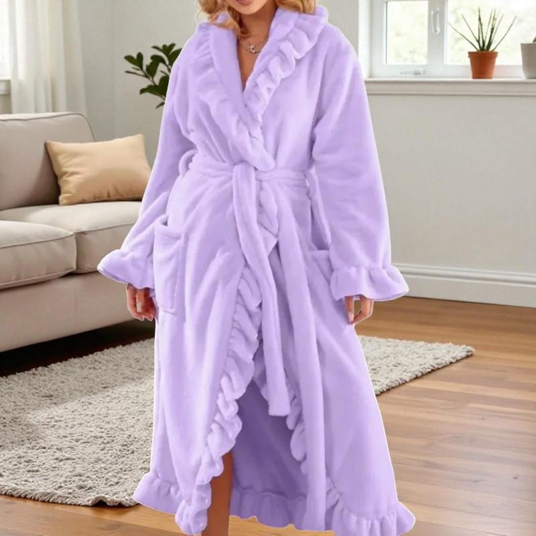 Purple Fleece Ruffles Robe Plush Womens Robe Long Fleece Cozy Robe ...