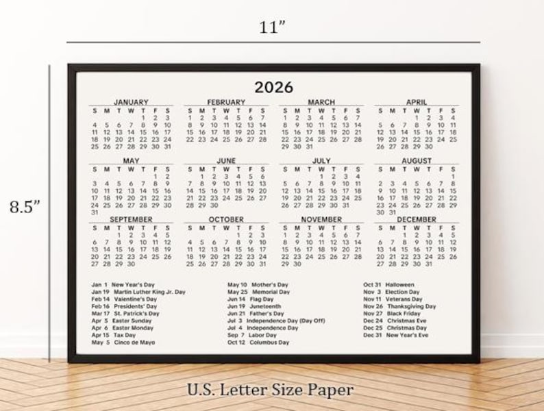 2026 Year One Page Calendar With USA Holidays - Sunday and Monday Start ...