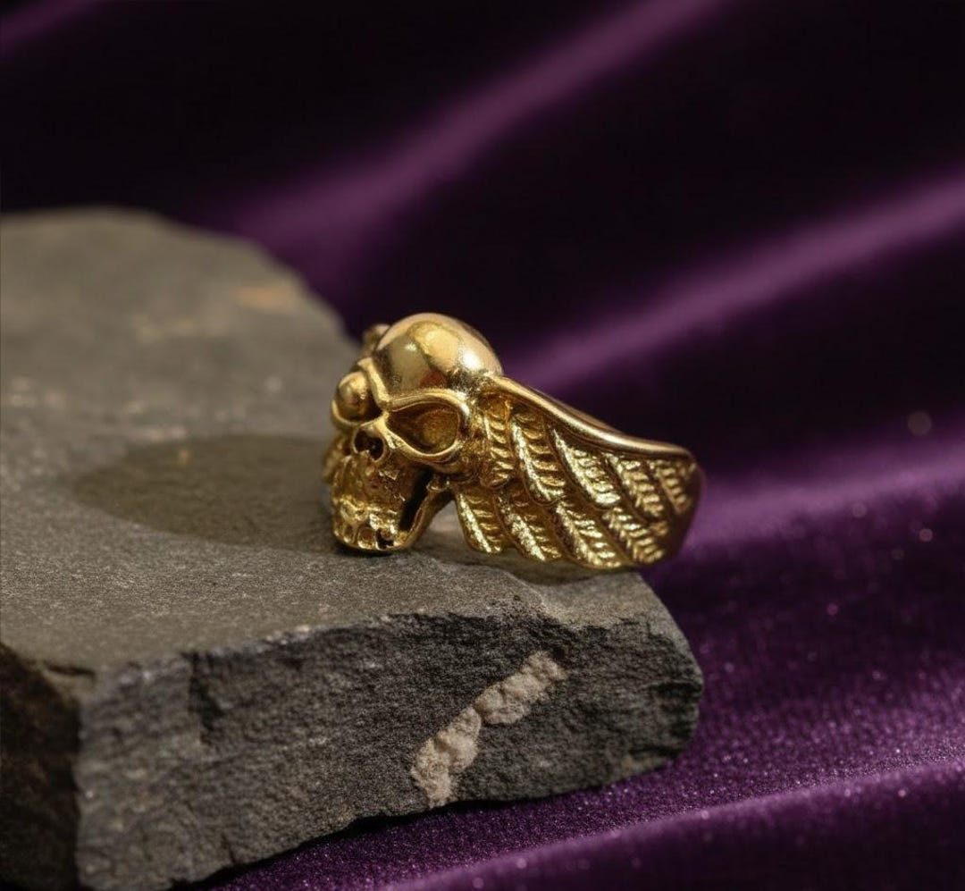 Gold Skull Wing Ring, Gothic Biker Jewelry, Punk Rock Ring, - Etsy