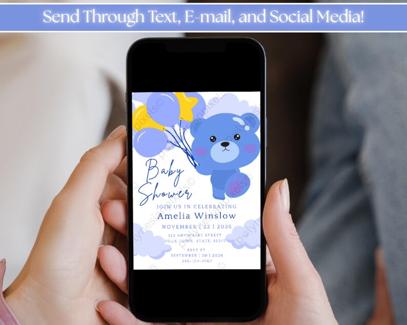 Blue Bear With Balloons Baby Shower Invitation: Simple Canva Template ...