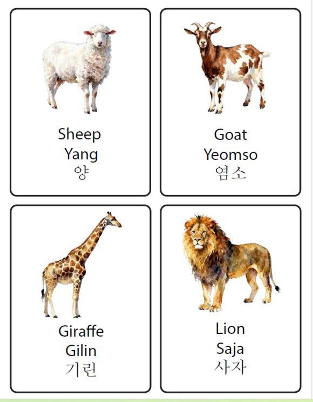 20 Animal Names in Korean, English and in Hangul Flashcards. - Etsy