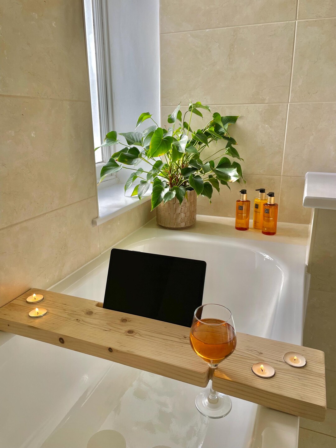 Handmade Rustic Wooden Bath Caddy | Wine & Tablet Holder - Etsy UK