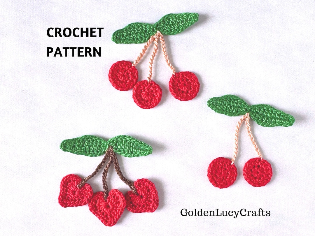 CROCHET PATTERN Cherry Applique, Heart Cherries, Motif, Embellishment ...