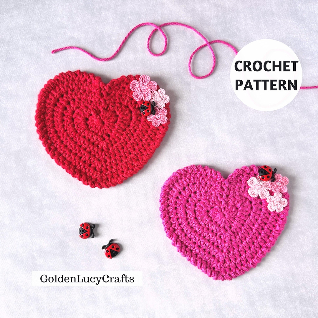 Crochet Pattern Heart Coaster | With Flowers and Ladybug | Mug Rug ...
