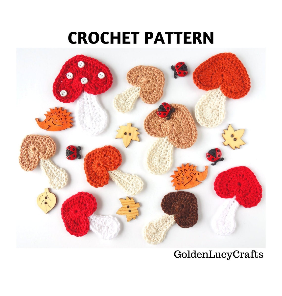 Crochet Pattern Mushroom Applique, Heart-shaped Mushroom, Crochet Motif ...