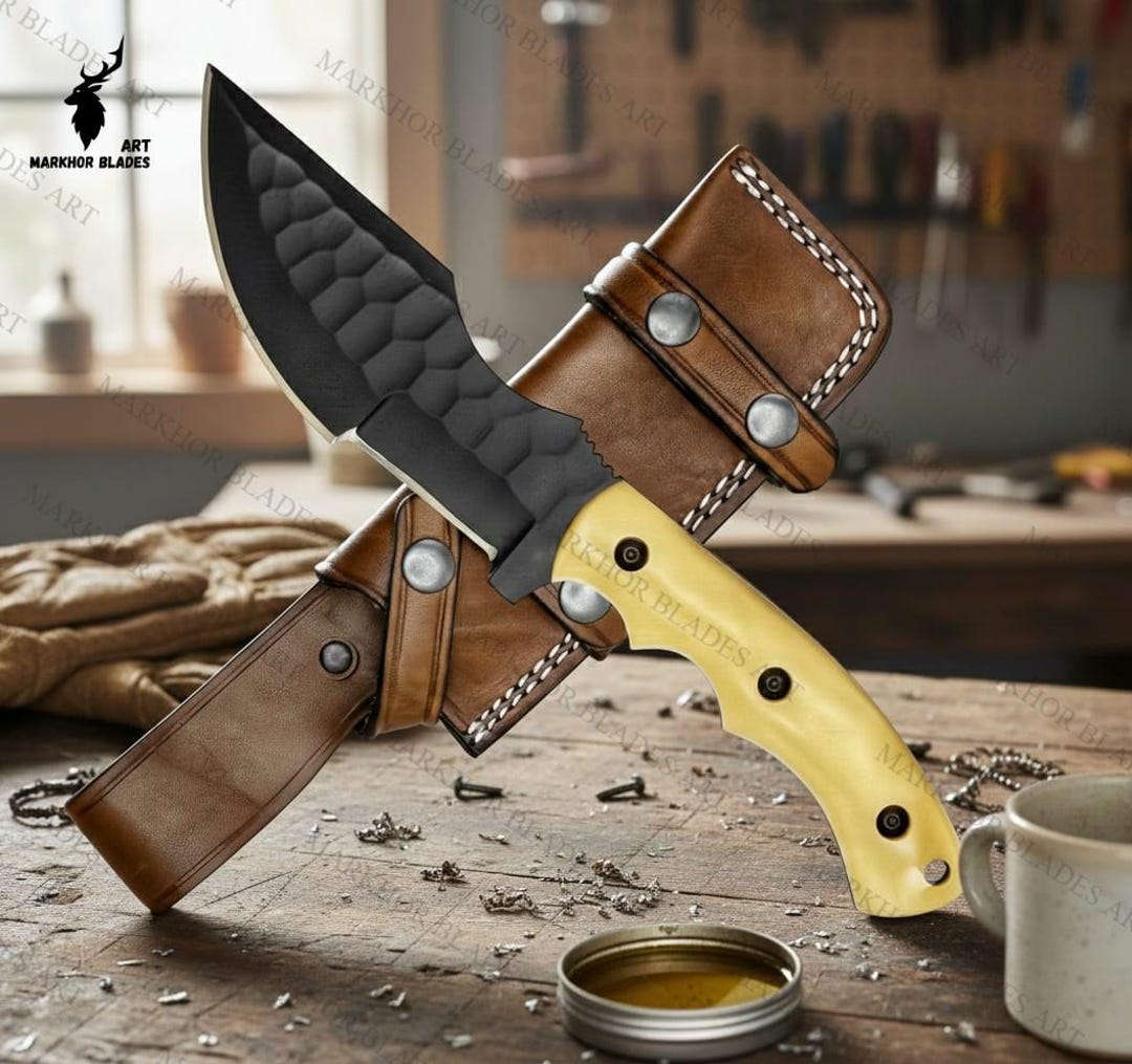 Handmade Tracker Hunting Knife With Camel Bone Handle & Leather Sheath ...