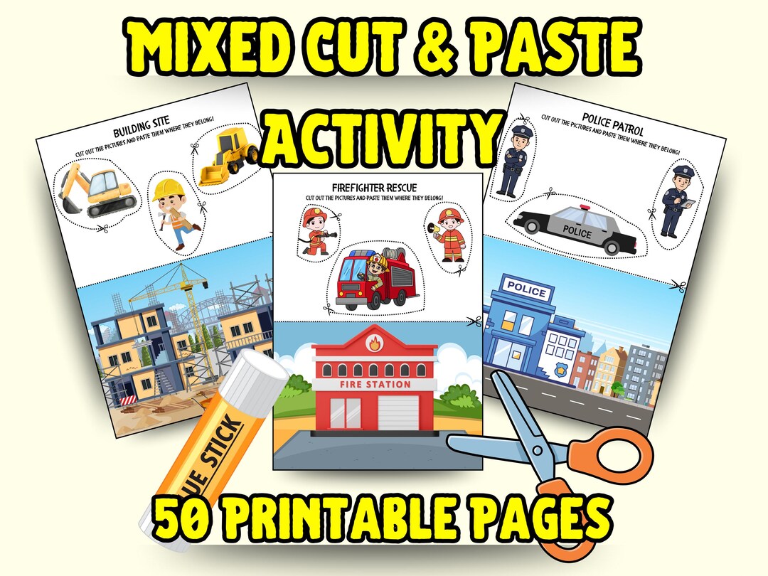 Mixed Cut and Paste Worksheets for Kids | 50 Printable Scenes | Fine ...