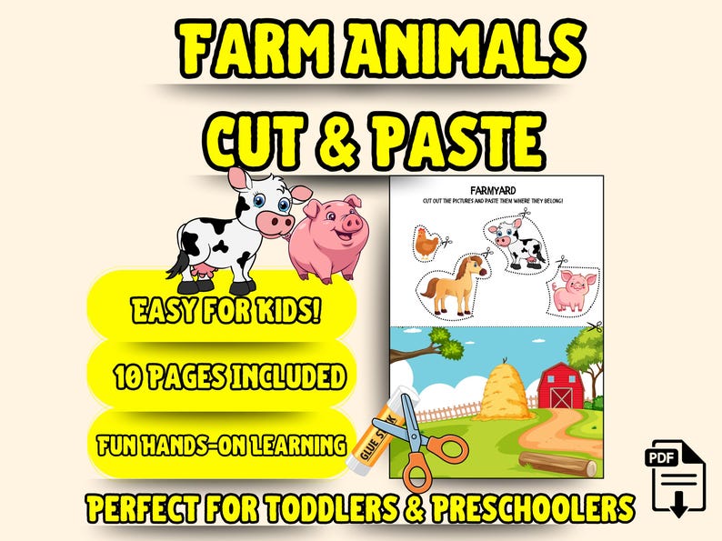 Farm Animals Cut and Paste Activity | Toddler Scissor Skills (printable ...