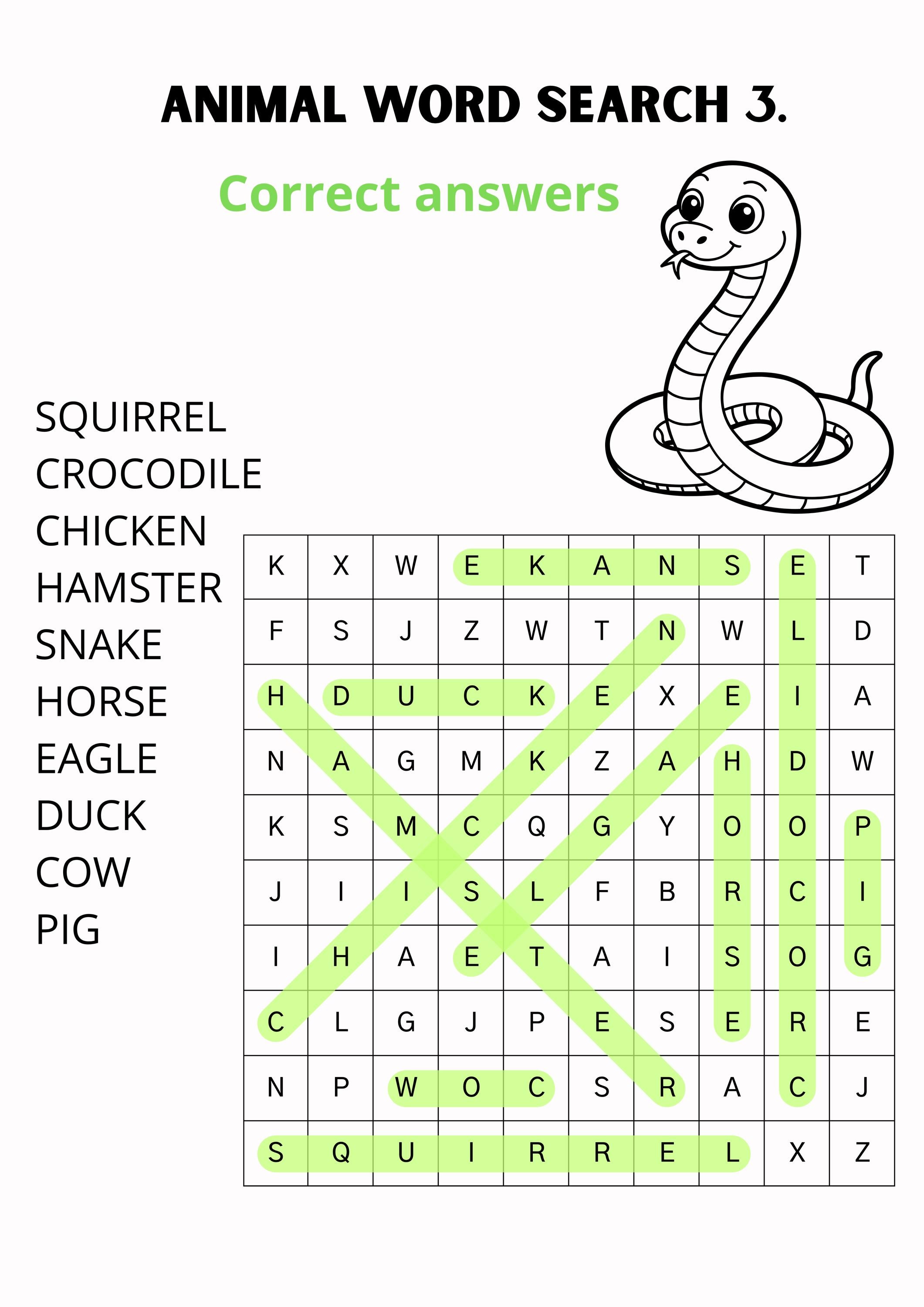 Animal Word Search for Kids | 100 Animals, Educational Puzzle ...