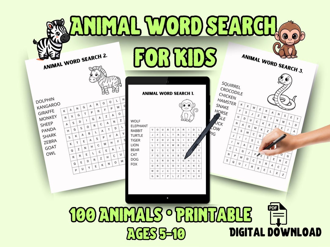 Animal Word Search for Kids | 100 Animals, Educational Puzzle ...