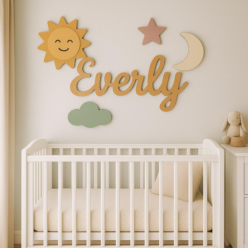 Personalized Sun and Moon Nursery Sign: 3D Wooden Name Wall Decor - Etsy