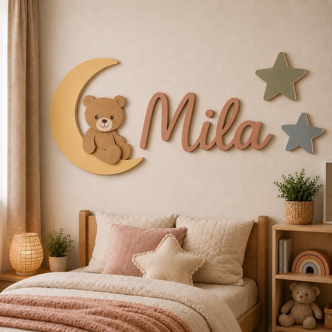 Personalized Moon Bear Name Sign, Wooden Nursery Wall Decor - Etsy