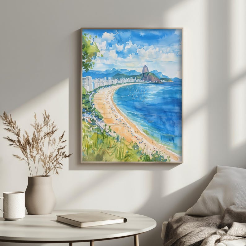 Rio De Janeiro Watercolor Painting, Copacabana Beach With Sugarloaf ...