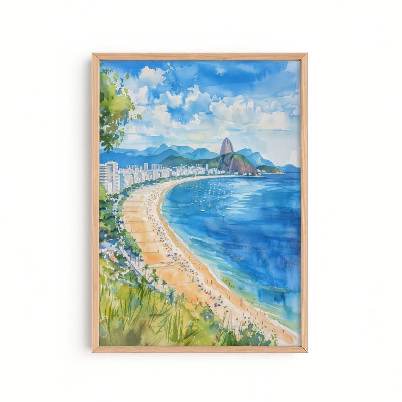 Rio De Janeiro Watercolor Painting, Copacabana Beach With Sugarloaf ...