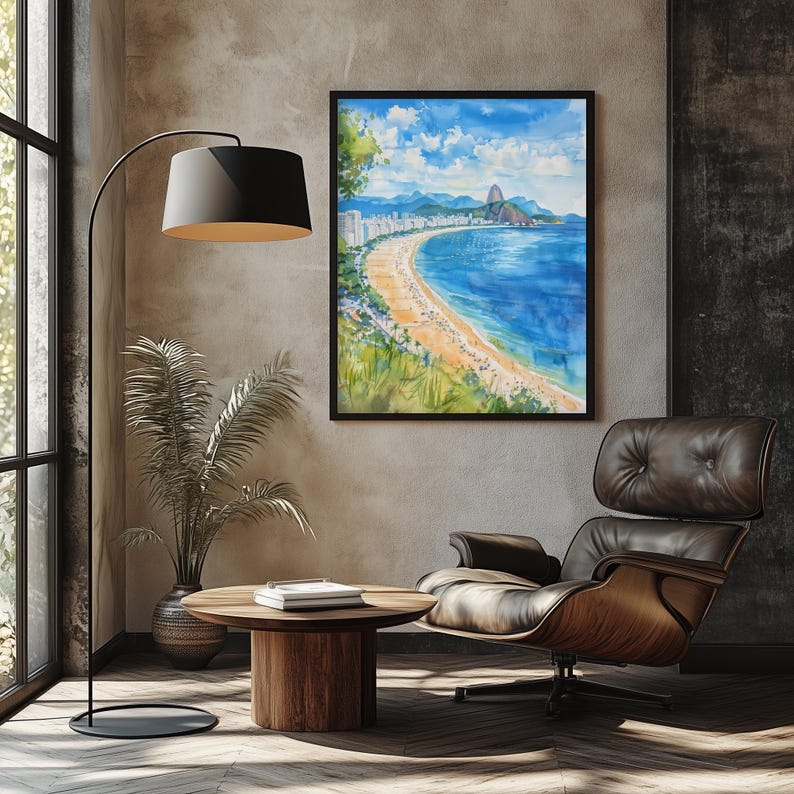 Rio De Janeiro Watercolor Painting, Copacabana Beach With Sugarloaf ...