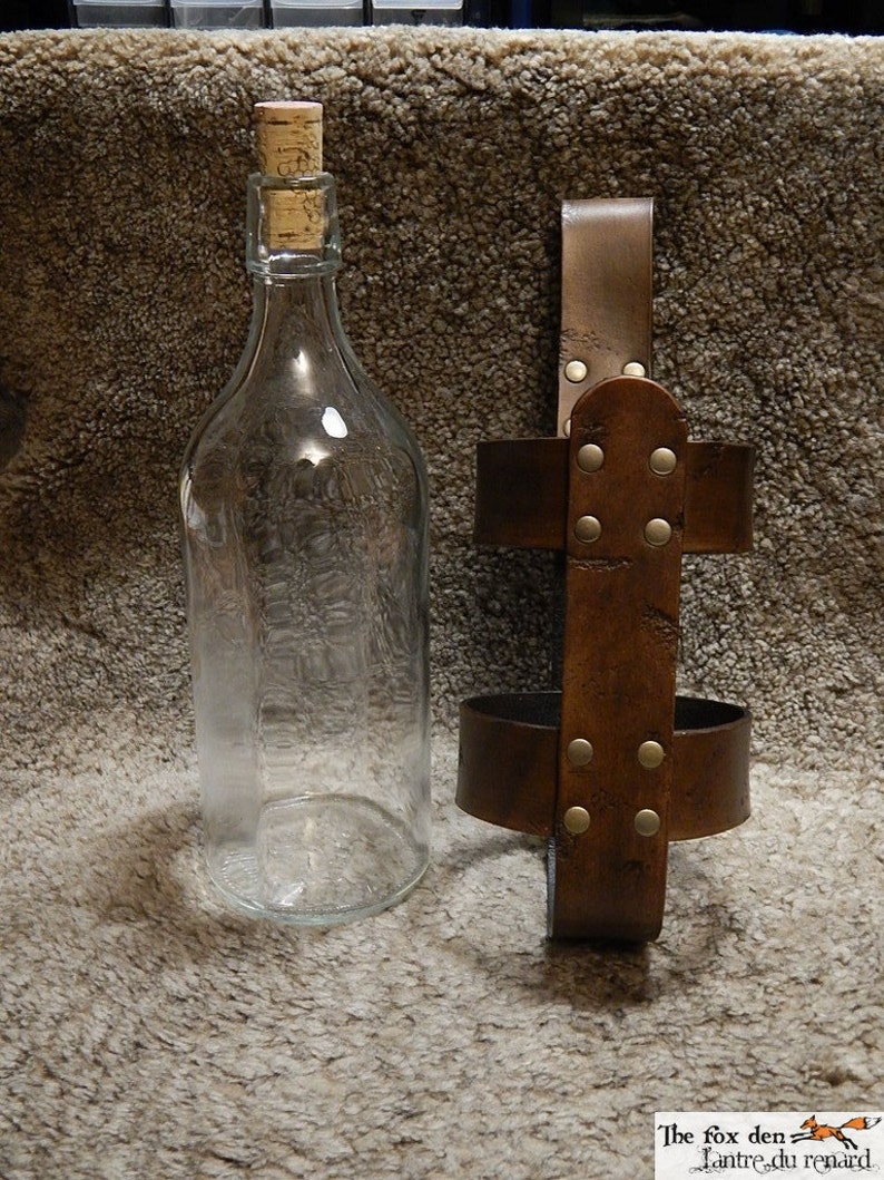 Large medieval style glass bottle with leather holder and 2 | Etsy